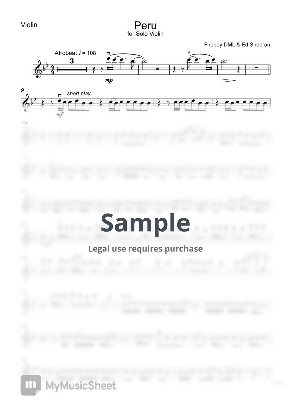 Fireboy DML - Peru (Violin) Sheets by milzy