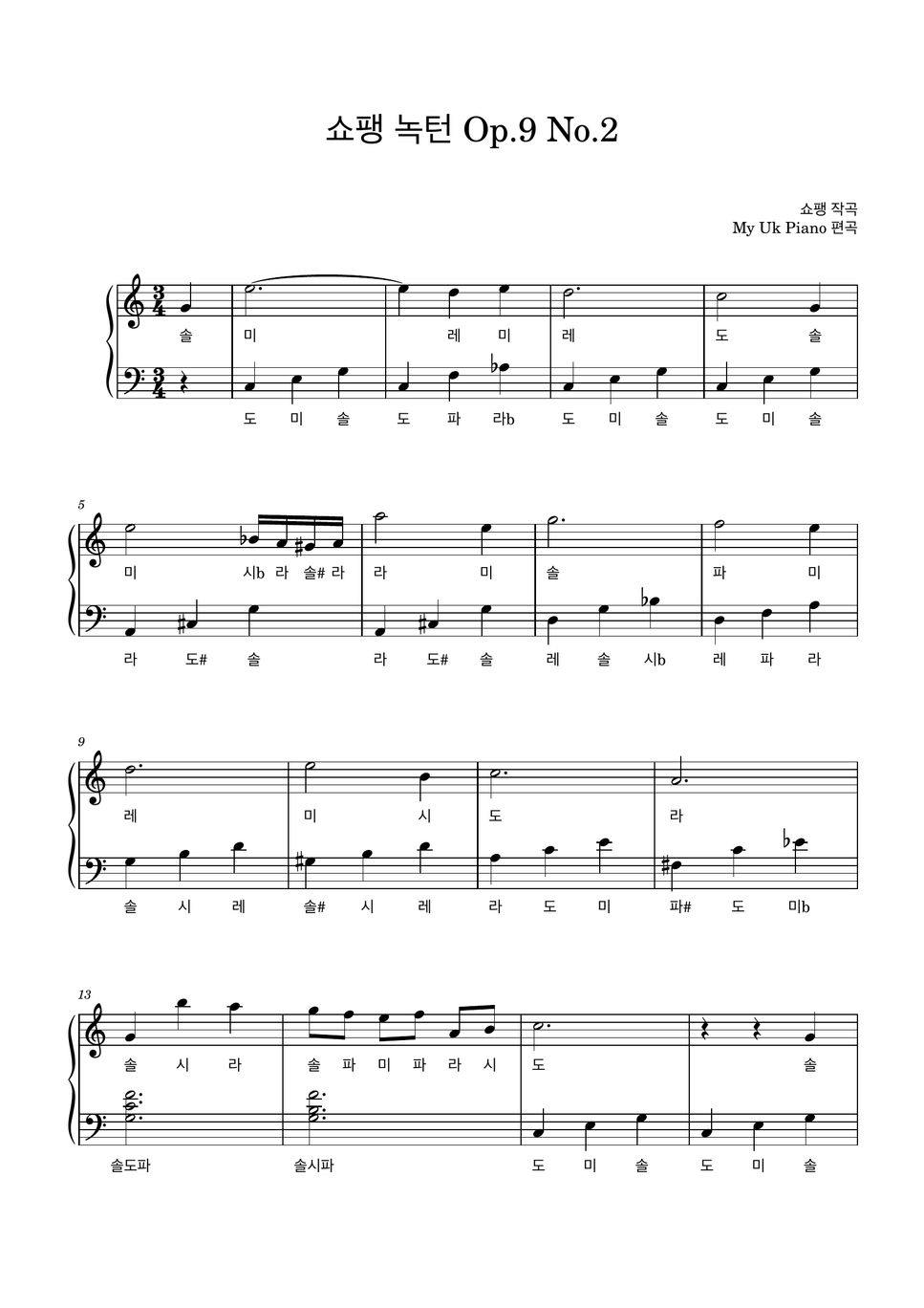 쇼팽 - 쇼팽 녹턴 Op.9 No.2 (기초악보) (매우쉬운 계이름악보) Sheet by My Uk Piano