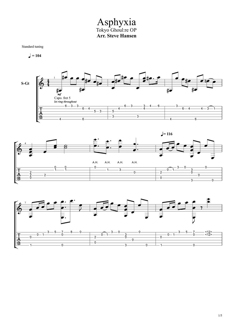 Cö shu Nie - Asphyxia (From "Tokyo Ghoul:re") (Fingerstyle) Sheet by Steve Hansen