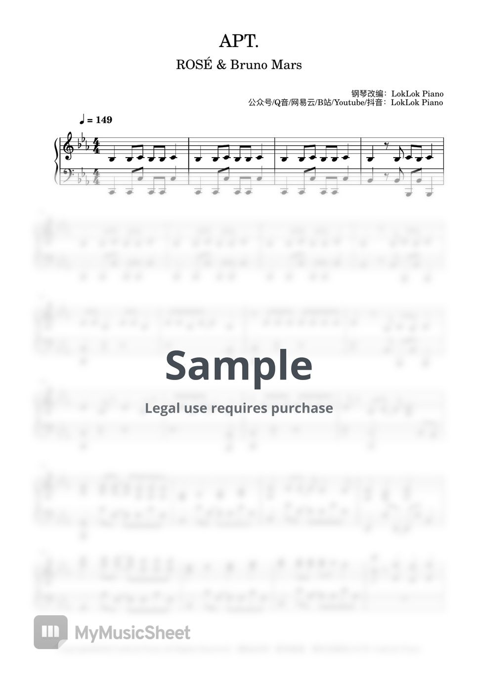 loklokpiano - APT.- ROSÉ & Bruno Mars钢琴谱五线谱 Sheets by loklokpiano