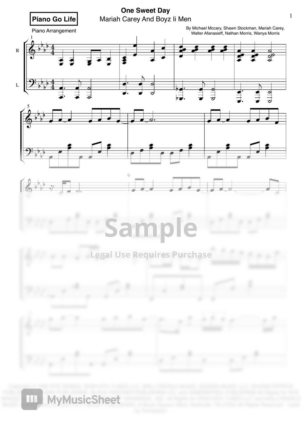 Mariah Carey, Boyz II Men - One Sweet Day 악보 by Piano Go Life