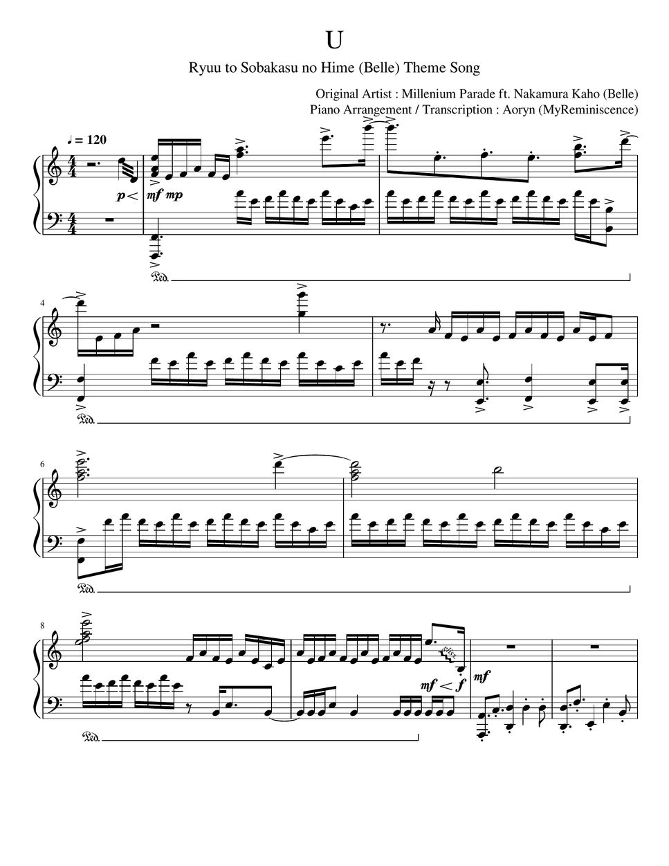 Millenium Parade ft. Nakamura Kaho (Belle) - U (Belle Theme Song) Sheets by Aoryn (MyReminiscence)