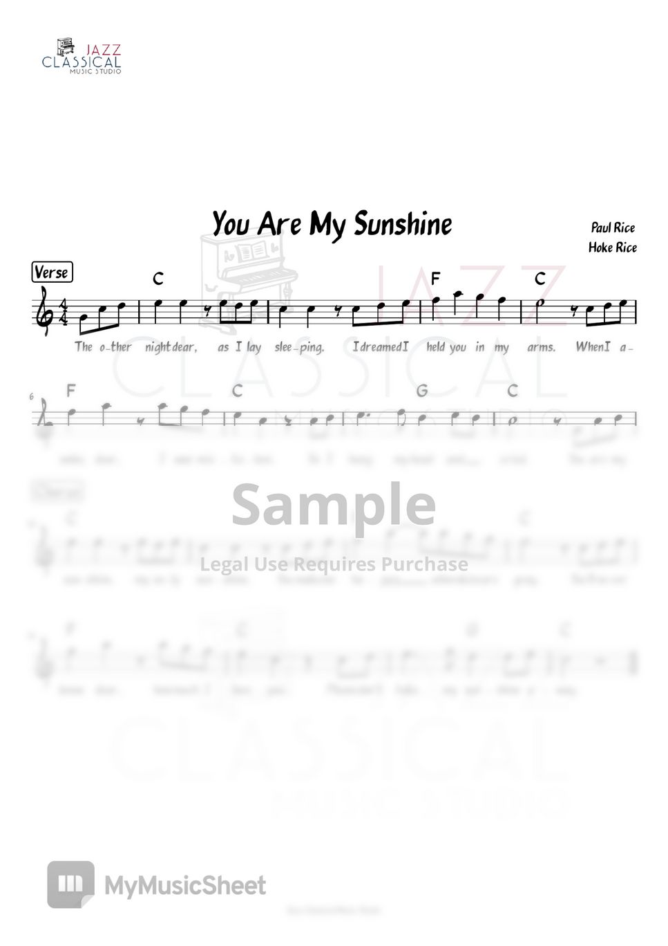 Paul Rice & Hoke Rice - You Are My Sunshine Sheet Music by Jazz ...