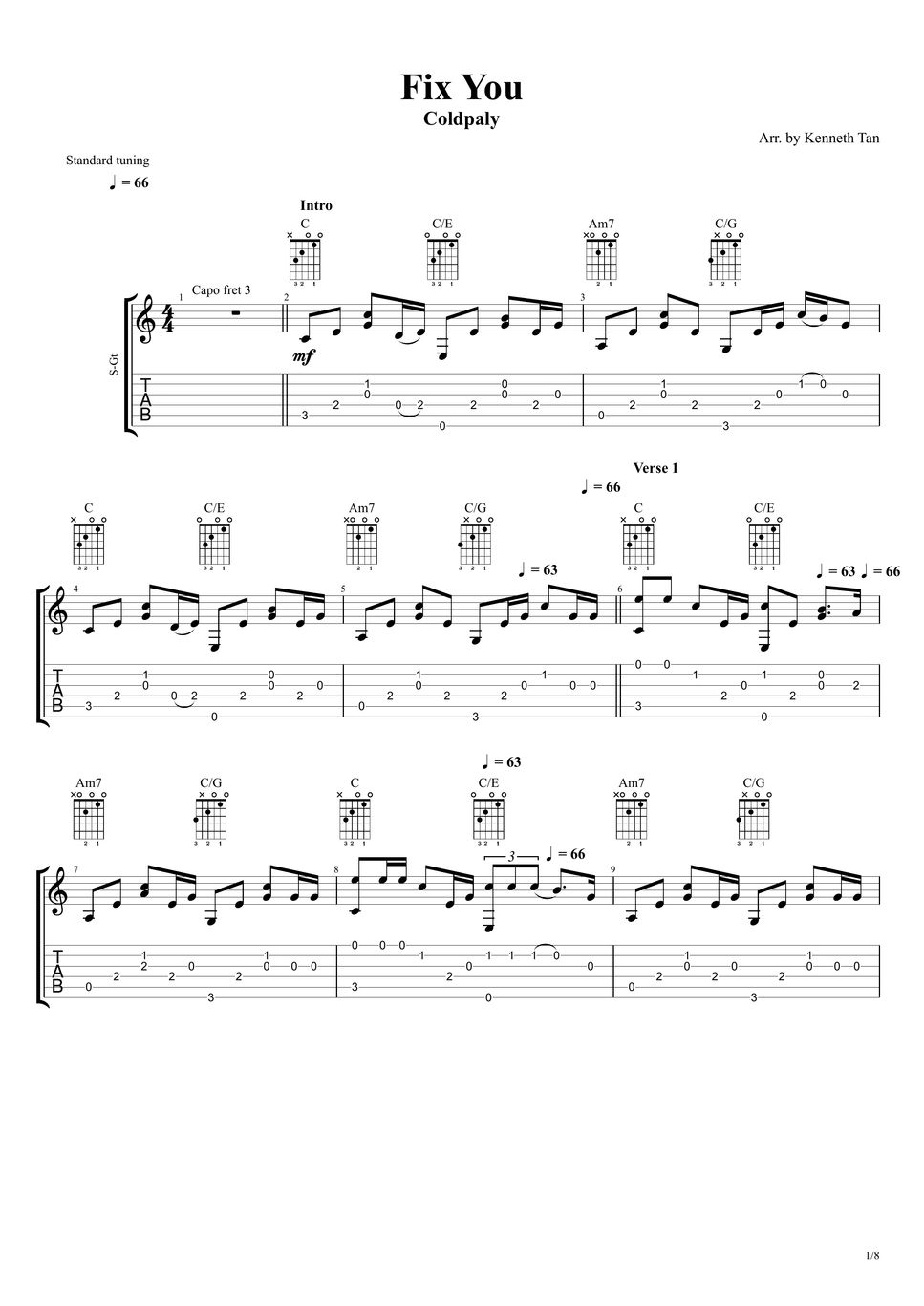 Coldplay | Fingerstyle Guitar - Fix You Sheets by Kenneth Acoustic