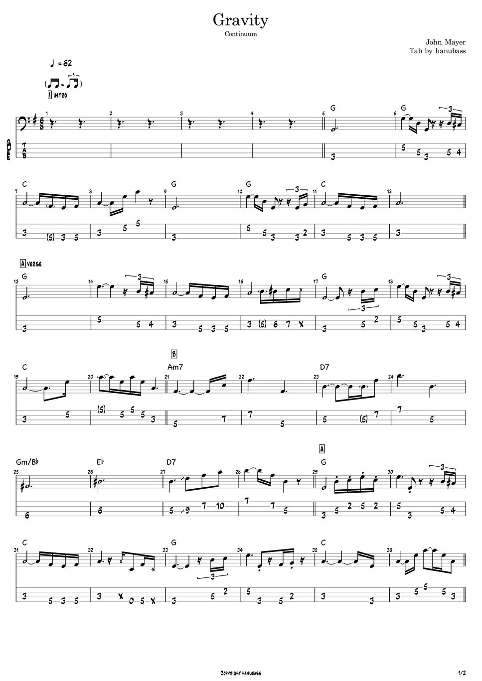 John Mayer - Gravity Tab + 1staff by hanubass