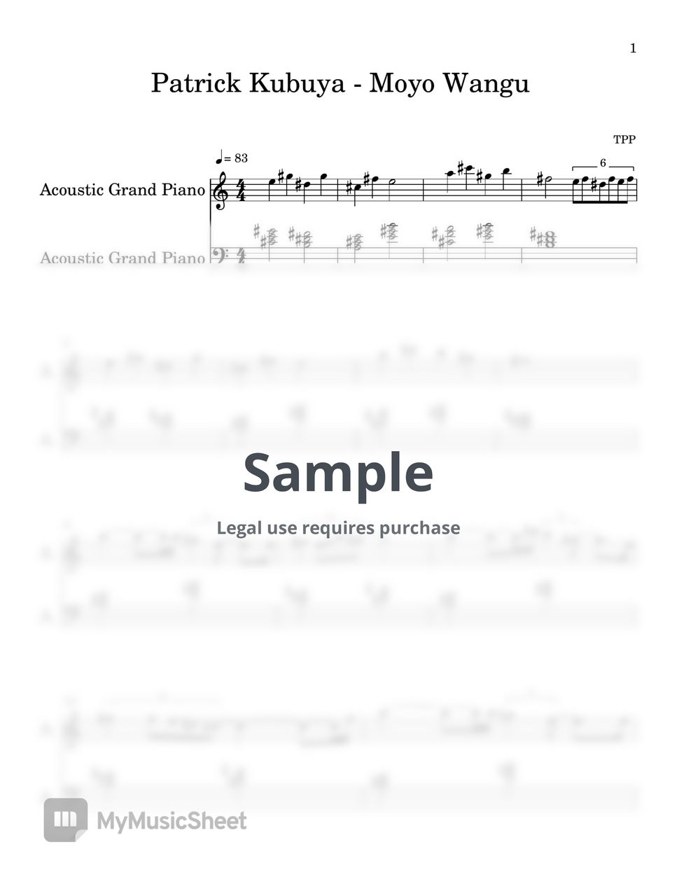 Patrick Kubuya - Moyo Wangu (PIANO SHEET) Hoja by TPP