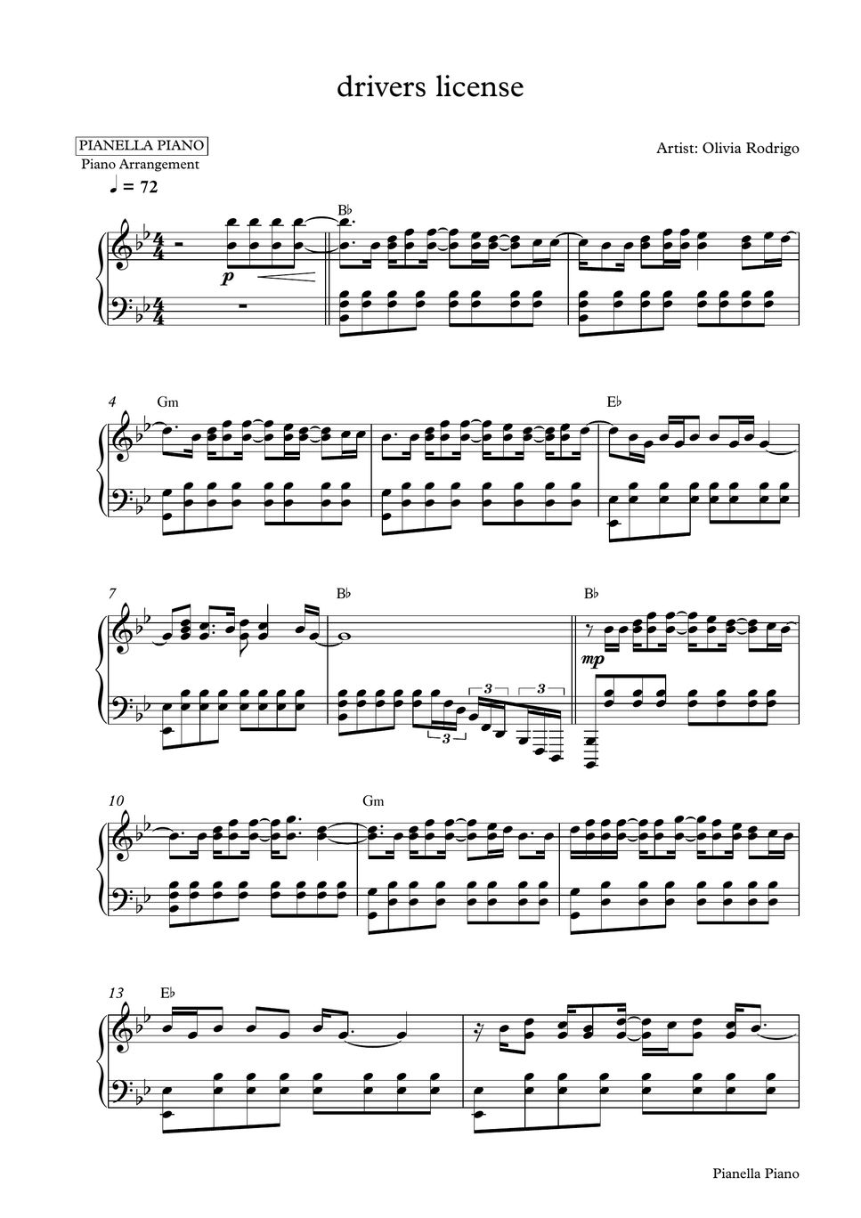Olivia Rodrigo - drivers license (2 PDF: Hard & Simplified Version) 악보 ...