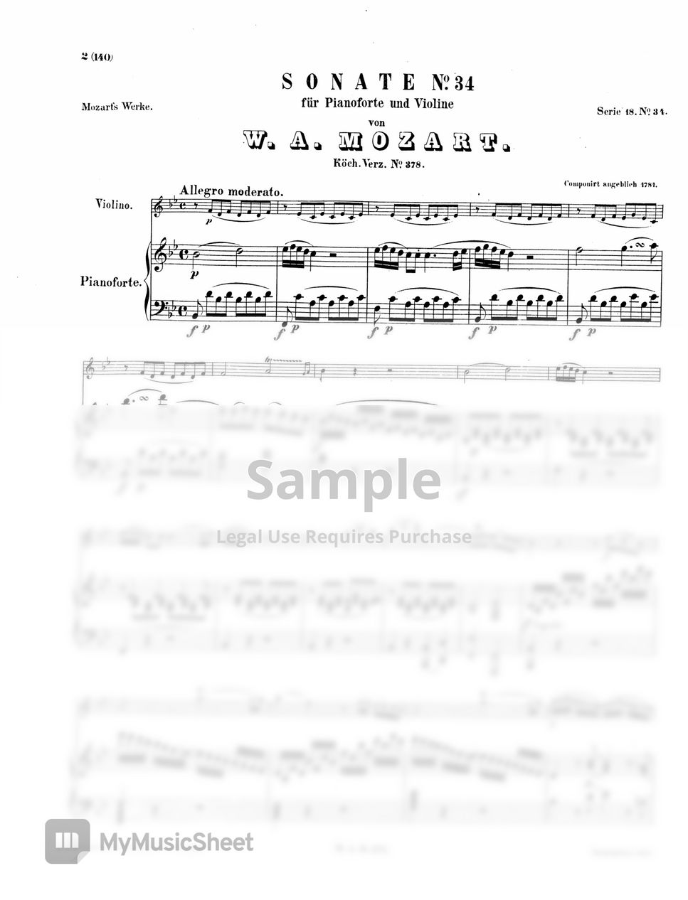 W.A.Mozart - Violin Sonata No. 34, B flat Major, K.378 Sheet Music by Original Sheet