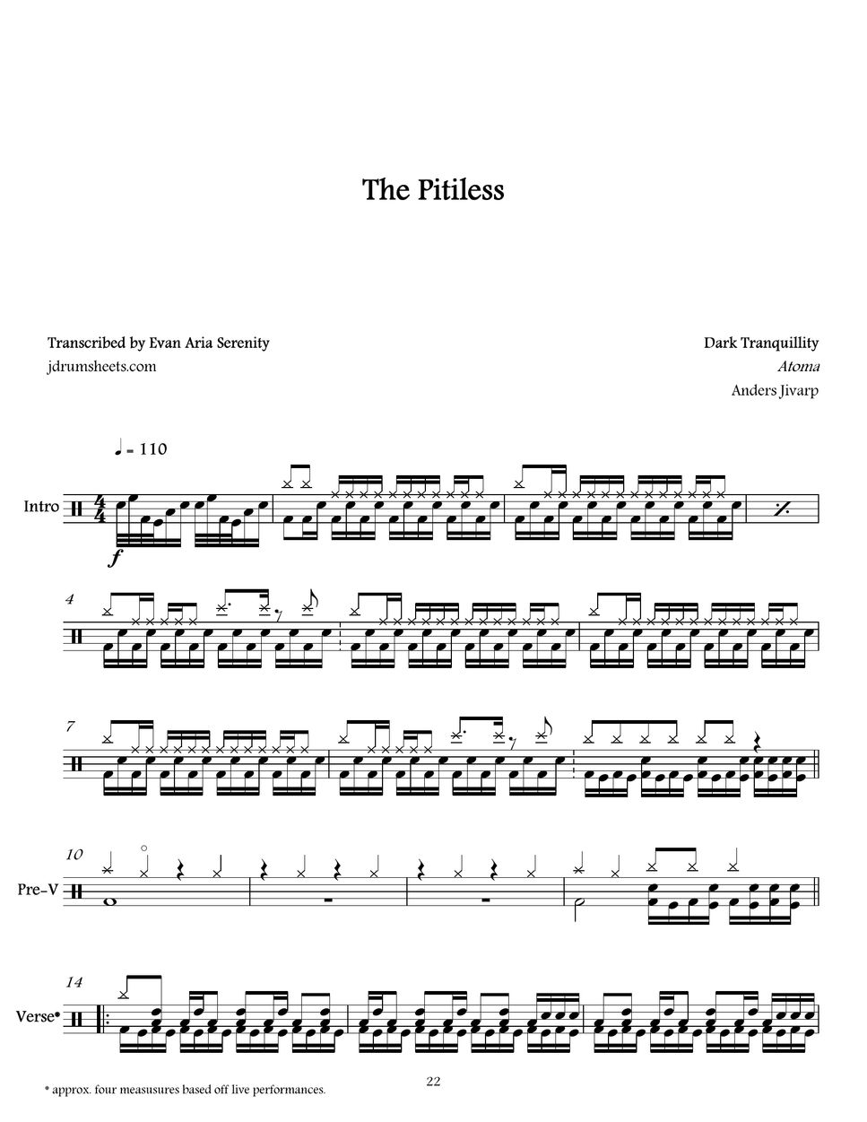 Dark Tranquillity - The Pitiless Sheets by Jaslow Drum Sheets