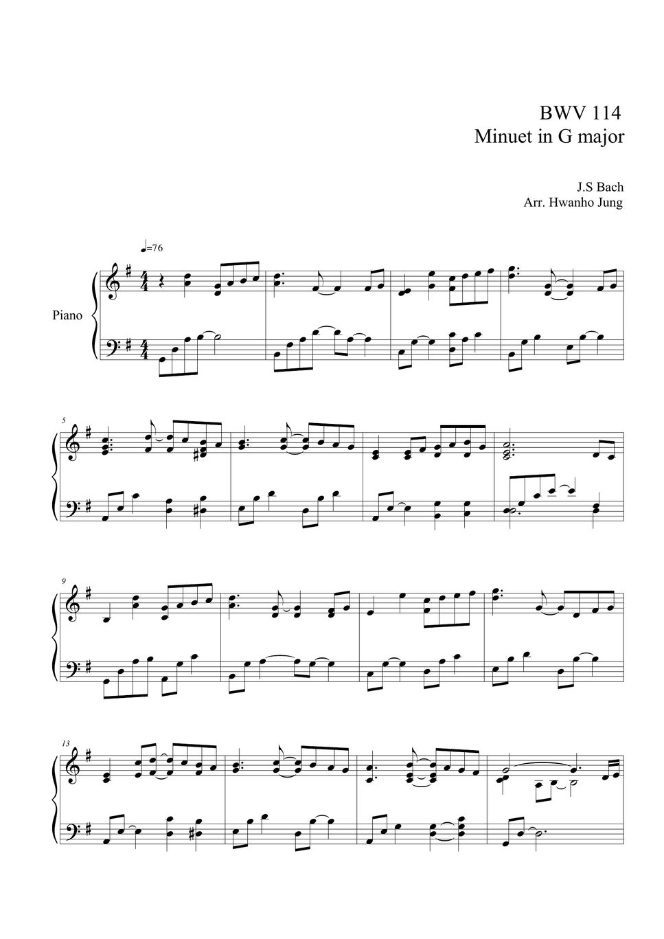 J S Bach Minuet In G Major Piano Arrangement Sheets By Hwan Ho Jung