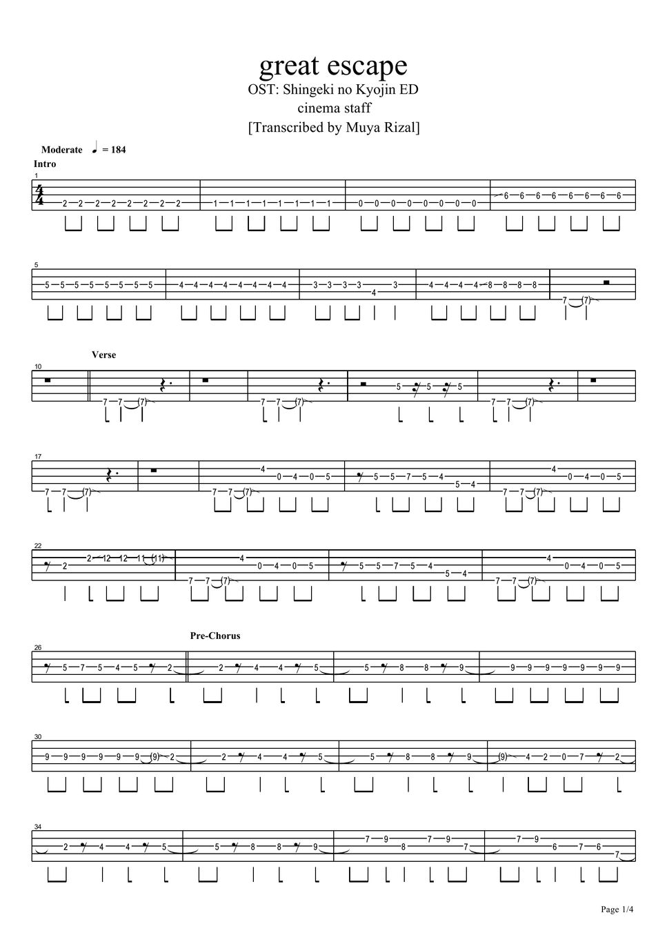 cinema staff - great escape (Bass TAB) Sheets by Muya