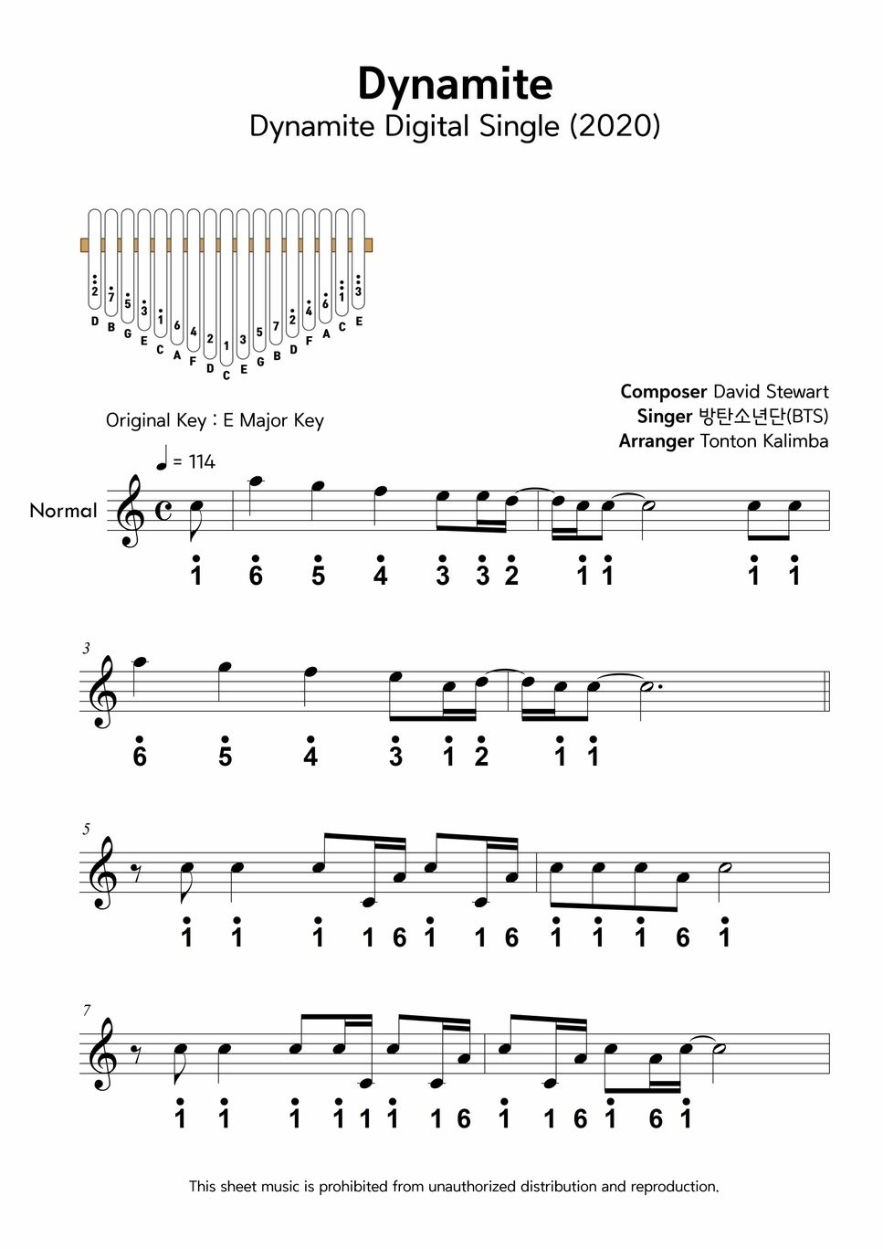 BTS - Dynamite (Normal) Sheets by Tonton Kalimba