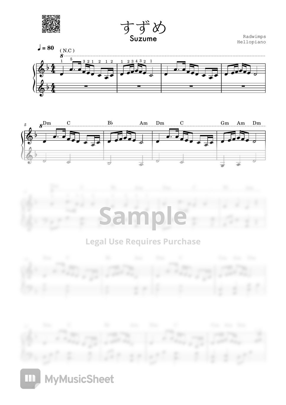 Radwimps - suzume (Very Easy) Sheet Music by Hellopiano