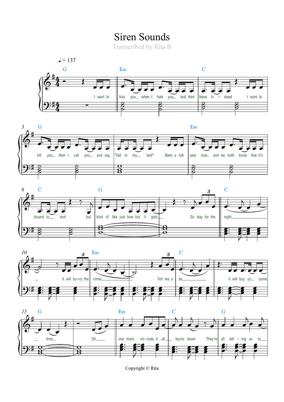 Tate McRae - Siren Sounds (lyrics/chords) Sheet Music by Rita B