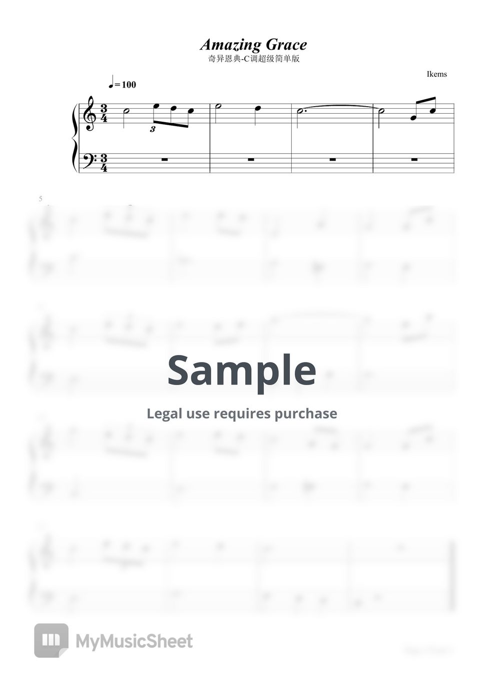 John Newton - Amazing Grace (Super Easy Version) Sheet Music by dogemusic