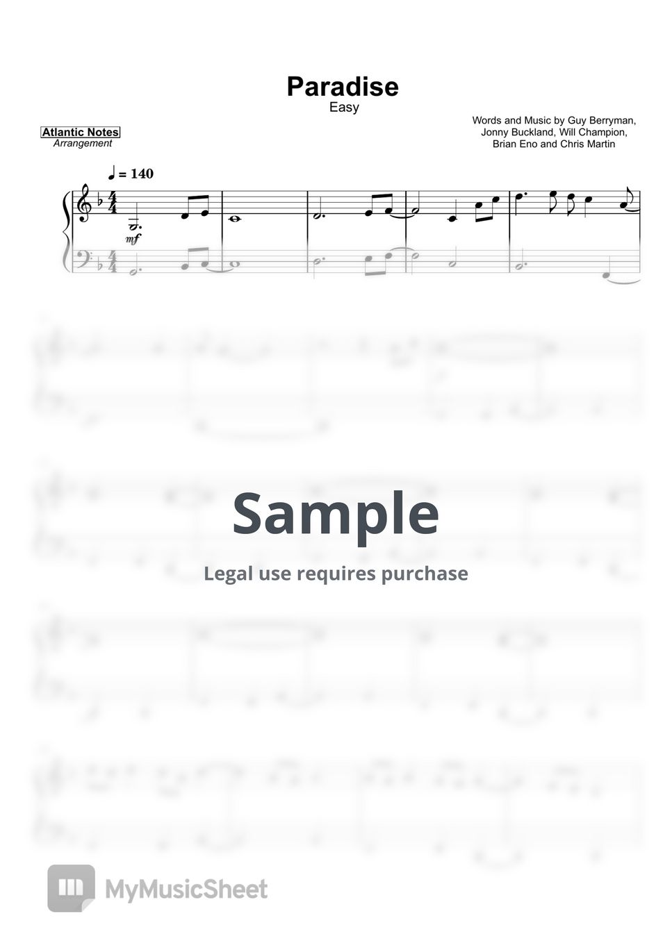 Coldplay - Paradise Sheets by Atlantic Notes