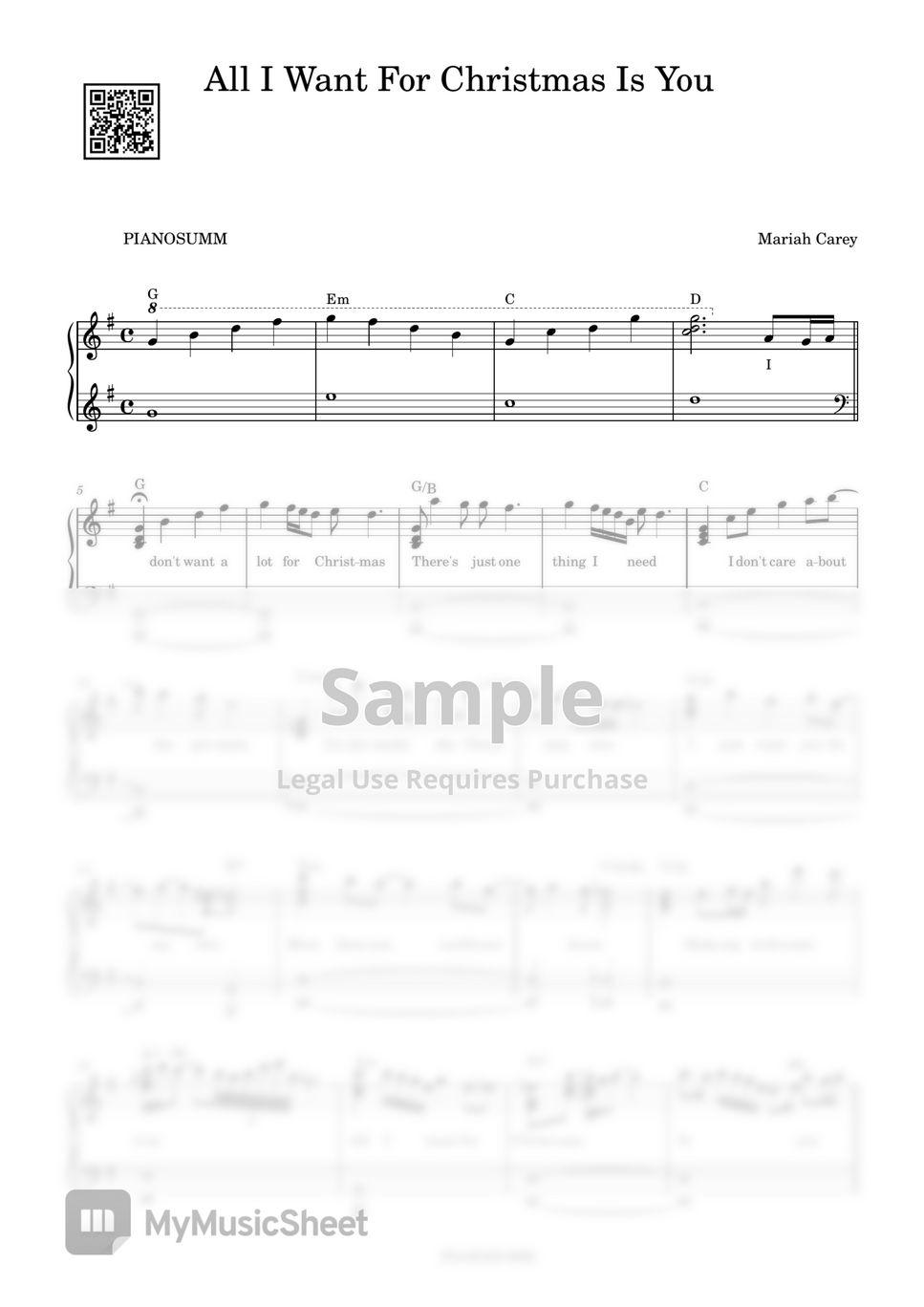 Mariah Carey - All I Want For Christmas Is You Sheet Music by PIANOSUMM