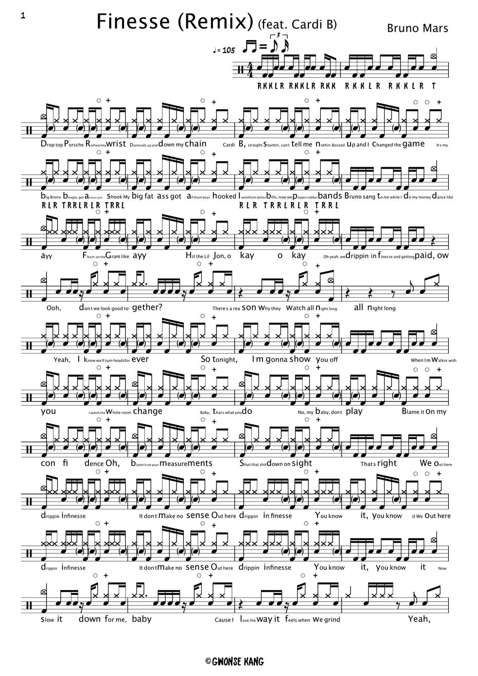 Bruno Mars - Finesse (Remix) (Feat. Cardi B) Sheets by Gwon's DrumLesson