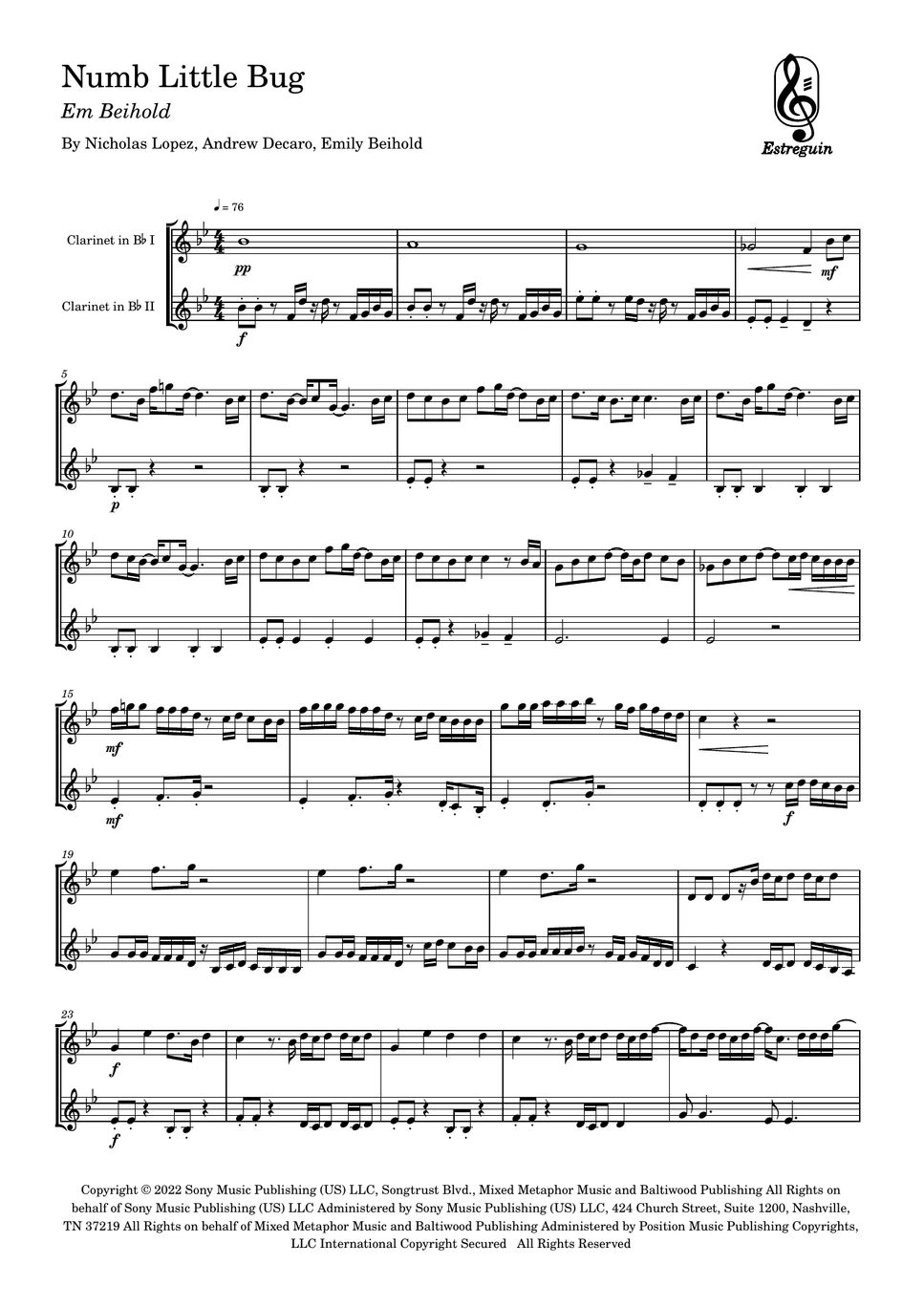 Em Beihold - Numb Little Bug (Clarinet Duet) Sheet Music by Estreguin