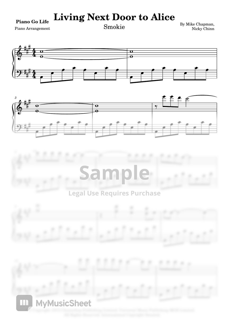 Smokie - Living Next Door To Alice Sheets by Piano Go Life