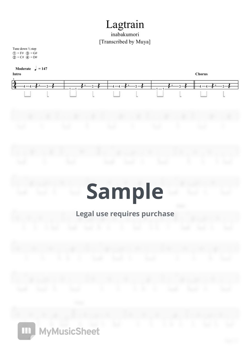 inabakumori - Lagtrain (Bass TAB) 악보 by Muya