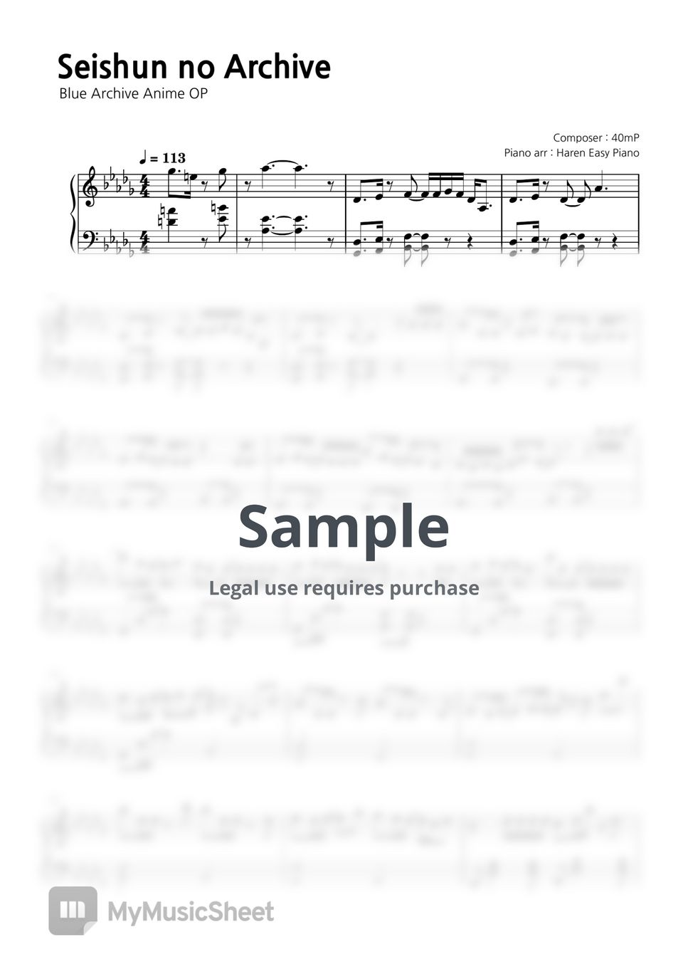 ブルーアーカイブ The Animation OP - 青春のアーカイブ Sheet Music by Haren Easy Piano