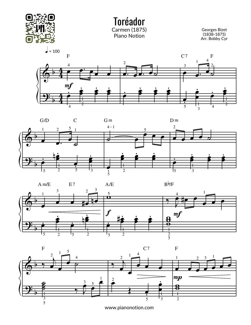 Georges Bizet - March of the Toreadors - Carmen - Toréadors (Easy Piano ...