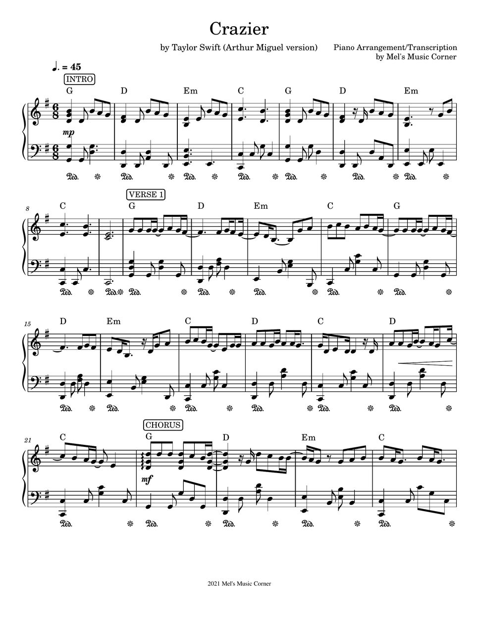 Taylor Swift - Crazier (piano sheet music) Sheet by Mel's Music Corner