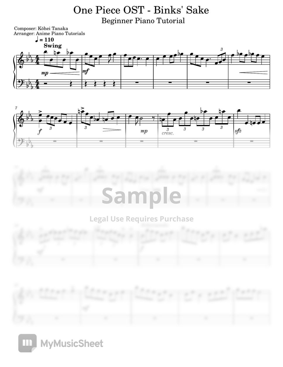 One Piece - Binks Sake Sheet Music by Anime Piano Tutorials