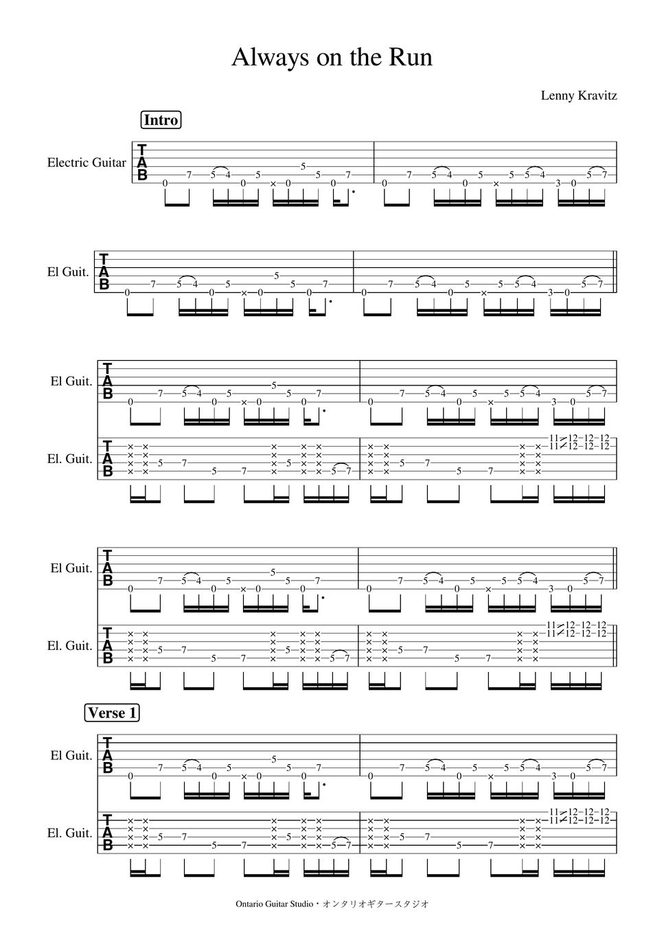 Lenny Kravitz - Always on the Run Partition musicale by Ontario Guitar Studio