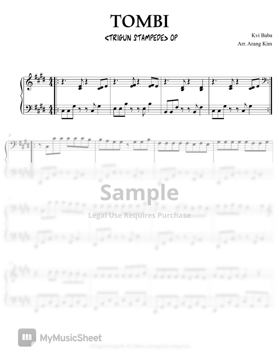 Kvi Baba - TOMBI (트라이건 스탬피드 OP) Sheets by Arang Kim