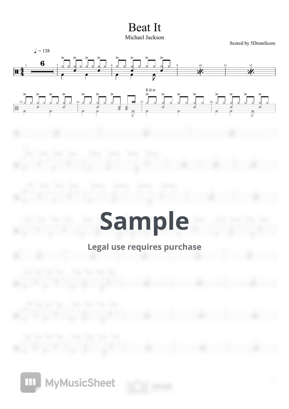 Michael Jackson - Beat It Sheet Music by 5DrumScore