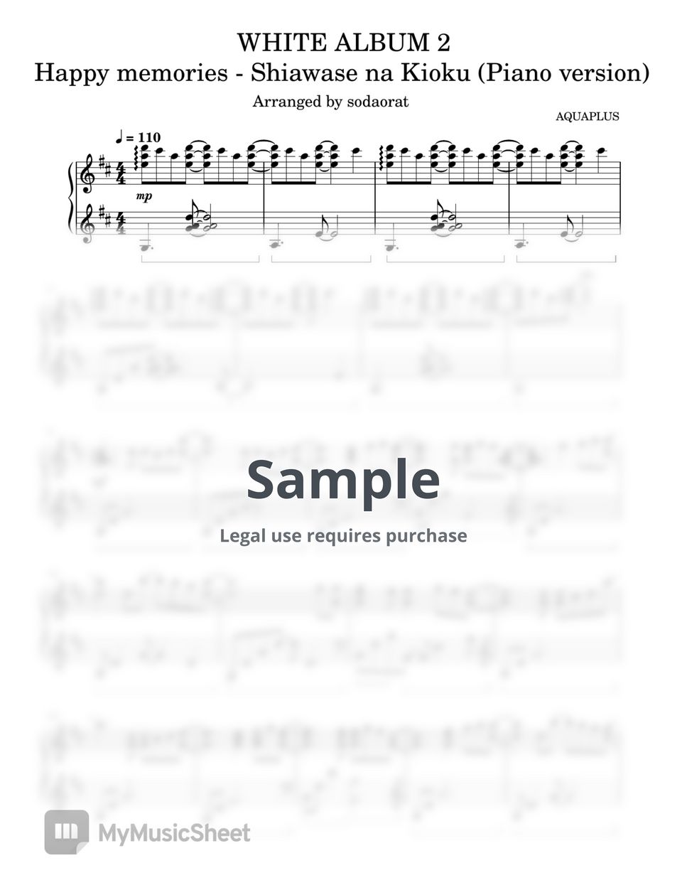 Rena Uehara - AQUAPLUS - WHITE ALBUM 2 OST - Shiawase na Kioku - Piano version Sheets by sodaorat