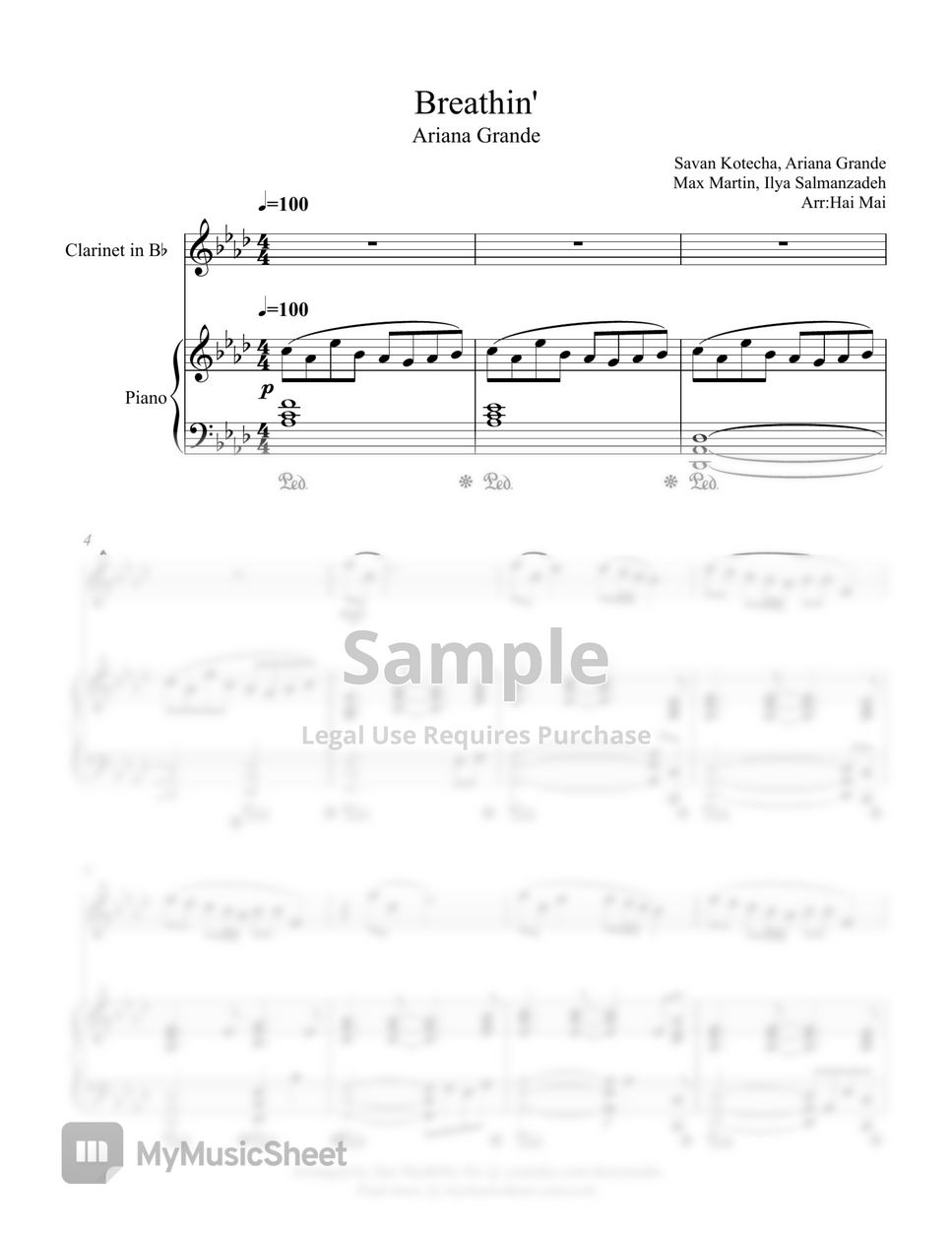 Ariana Grande - Breathin' for Clarinet solo and Piano Accompaniment 악보 ...