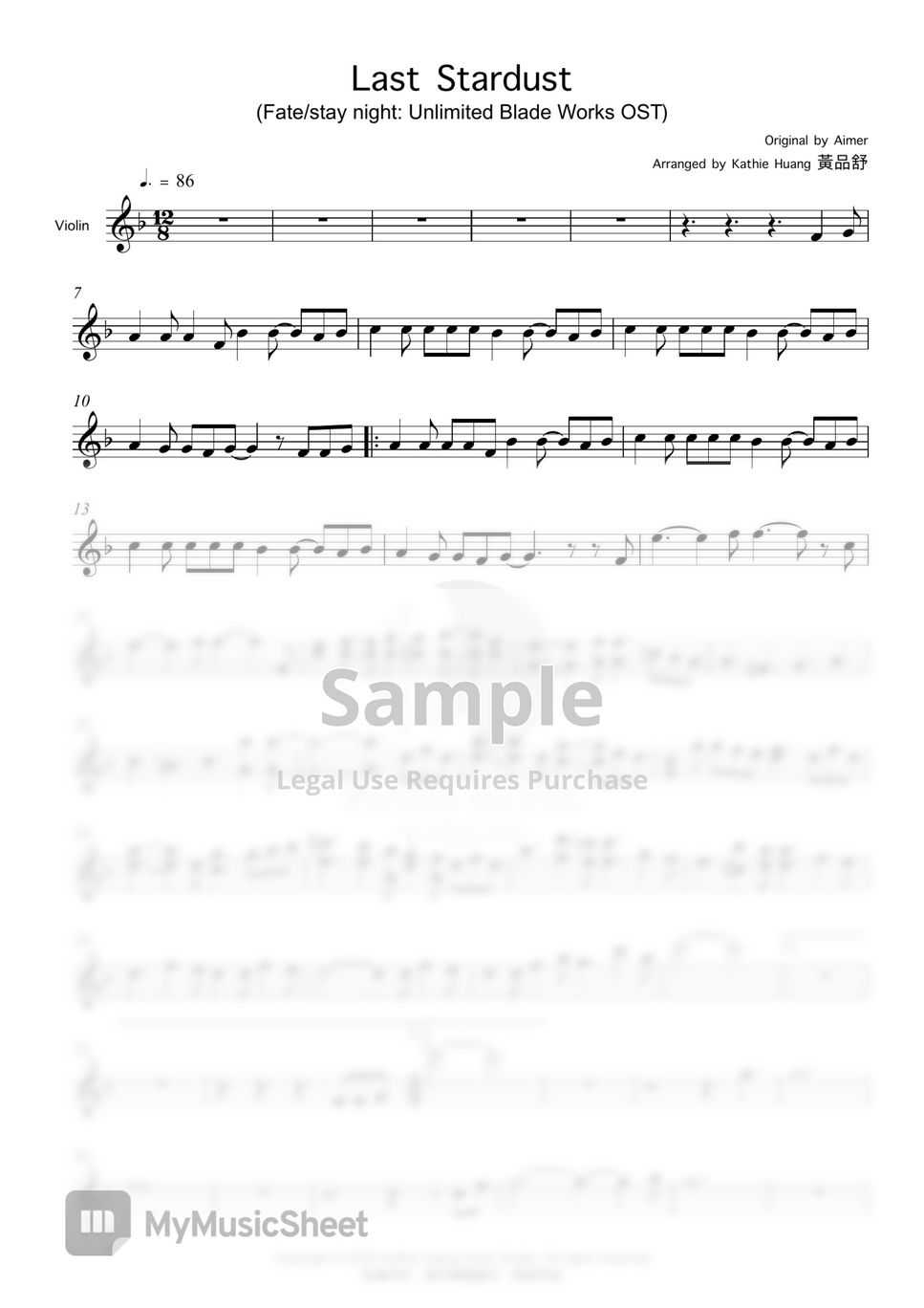Aimer - Last stardust (Fate/stay night UBW Includes Instrumental) Sheet Music by Kathie Violin