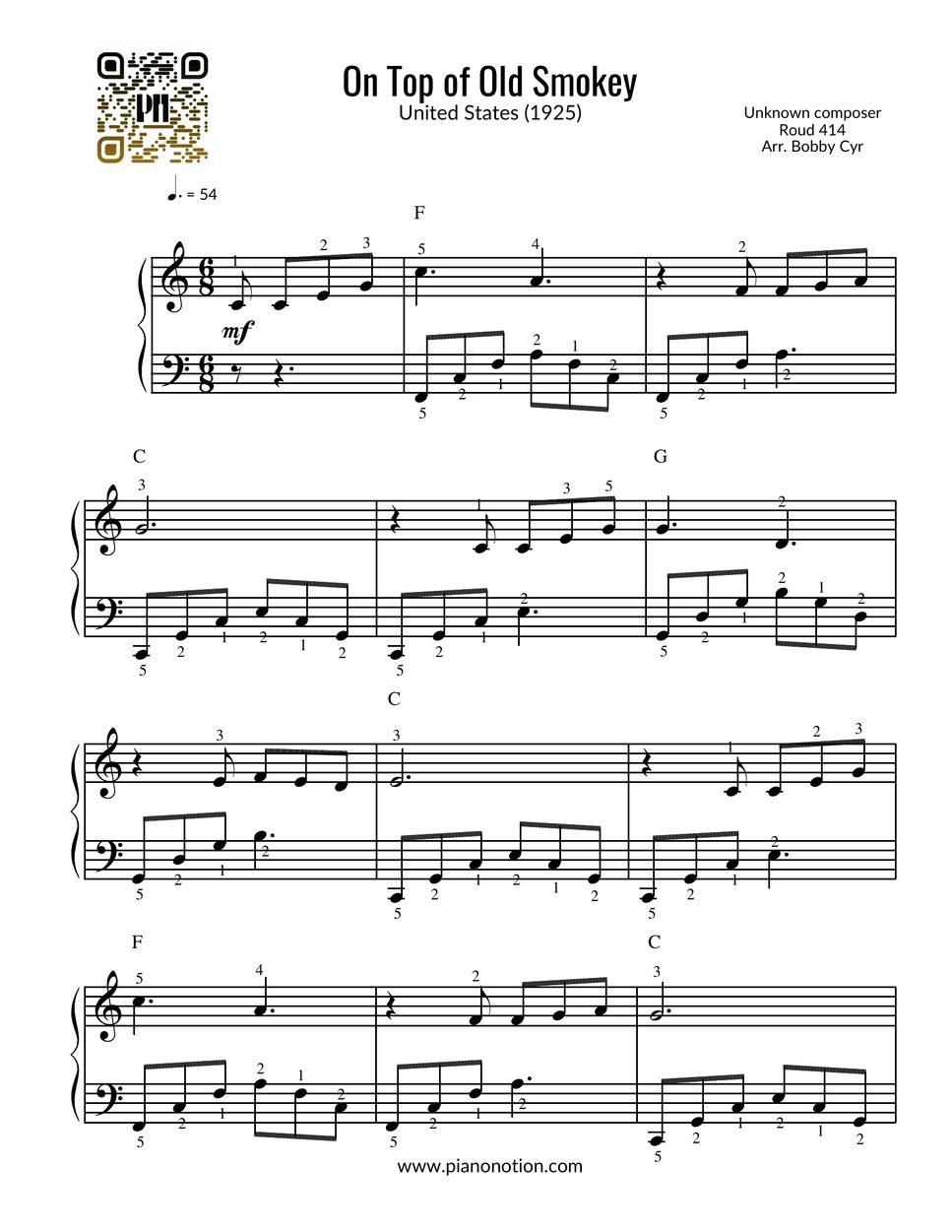 Gene Autry - On Top of Old Smokey (Easy Piano) 악보 by Piano Notion