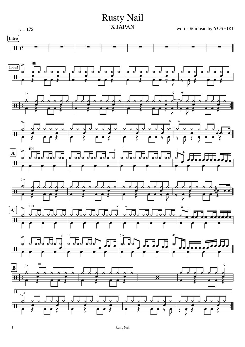X JAPAN - Rusty Nail 楽譜 by Cookai's J-pop Drum sheet music!!!