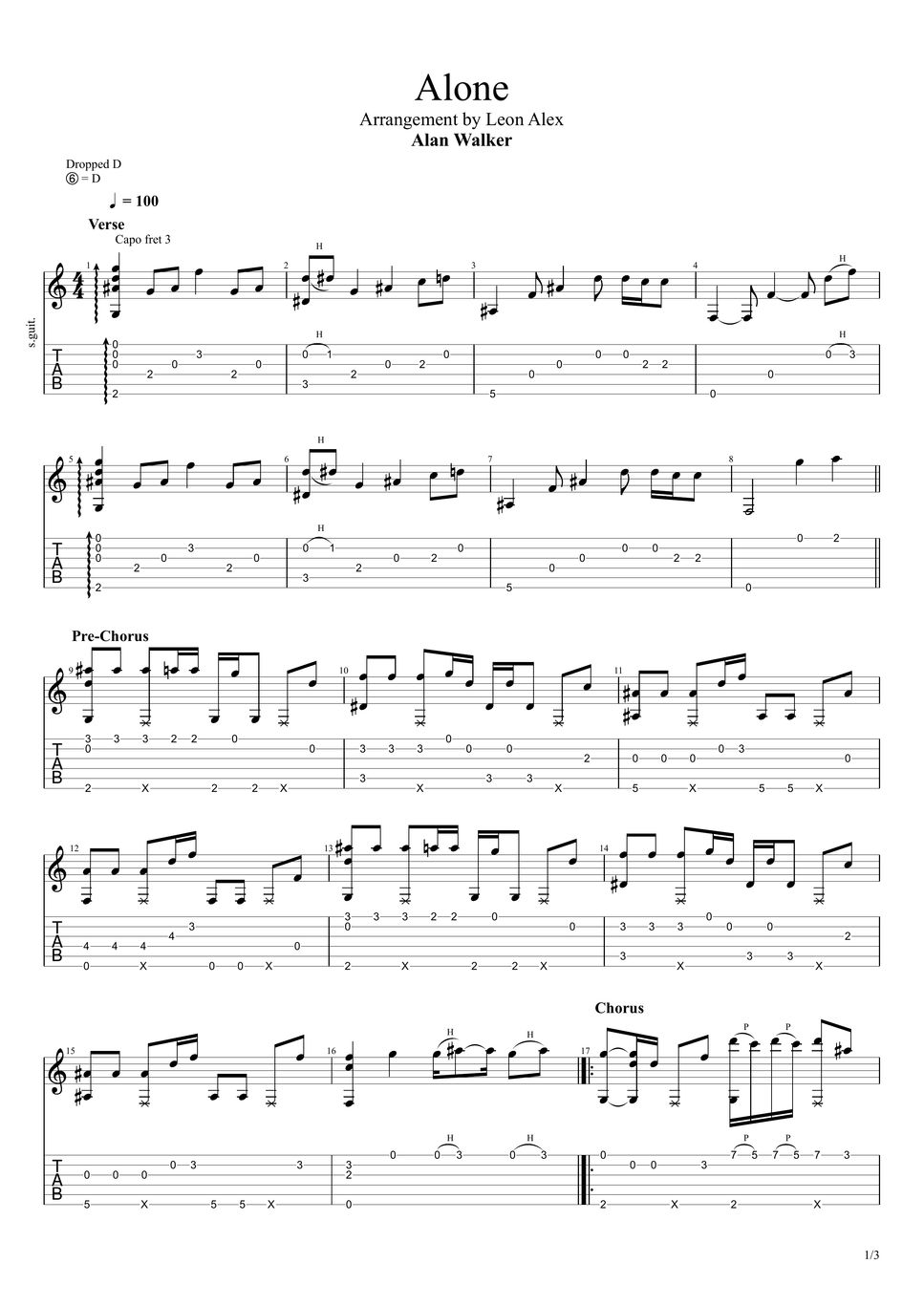 Alan Walker - Alone (Fingerstyle) by Leon Alex Tab + 단선 악보 악보
