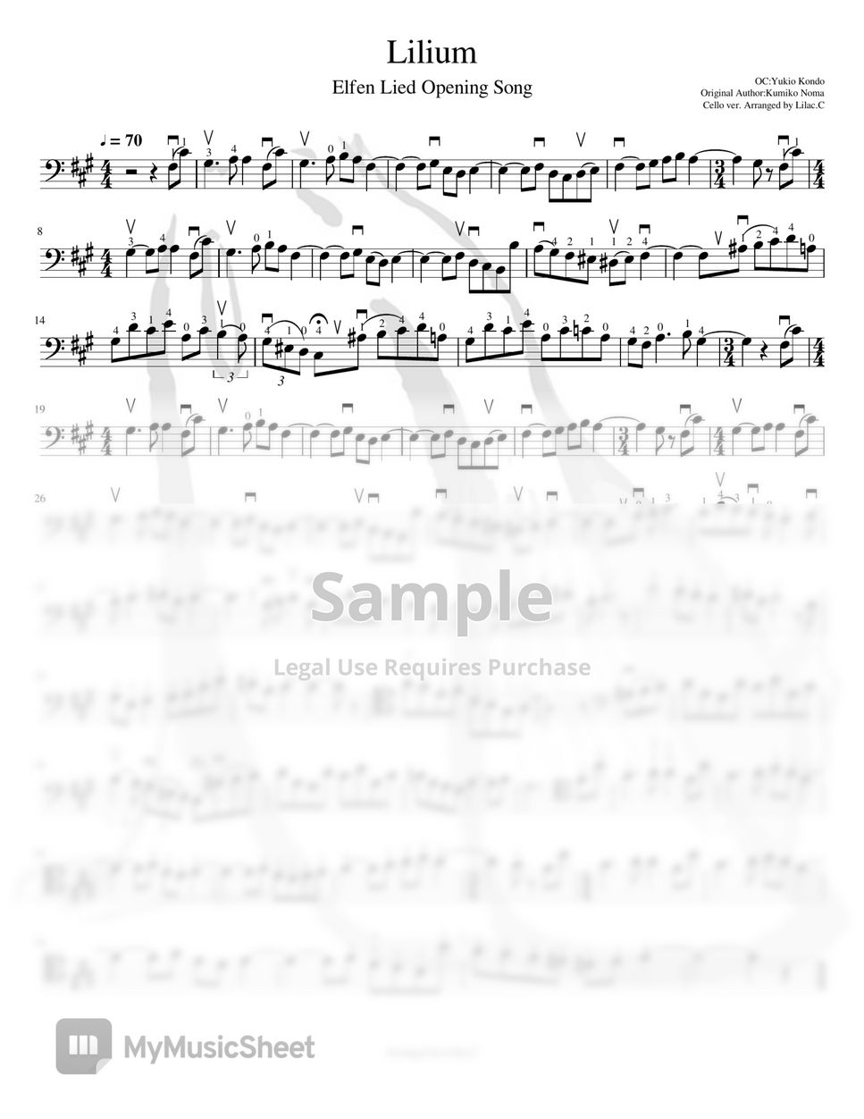 近藤由紀夫 - Lilium-妖精的旋律 Elfen Lied OP (Anime Song Sheet Music Cello ver ...