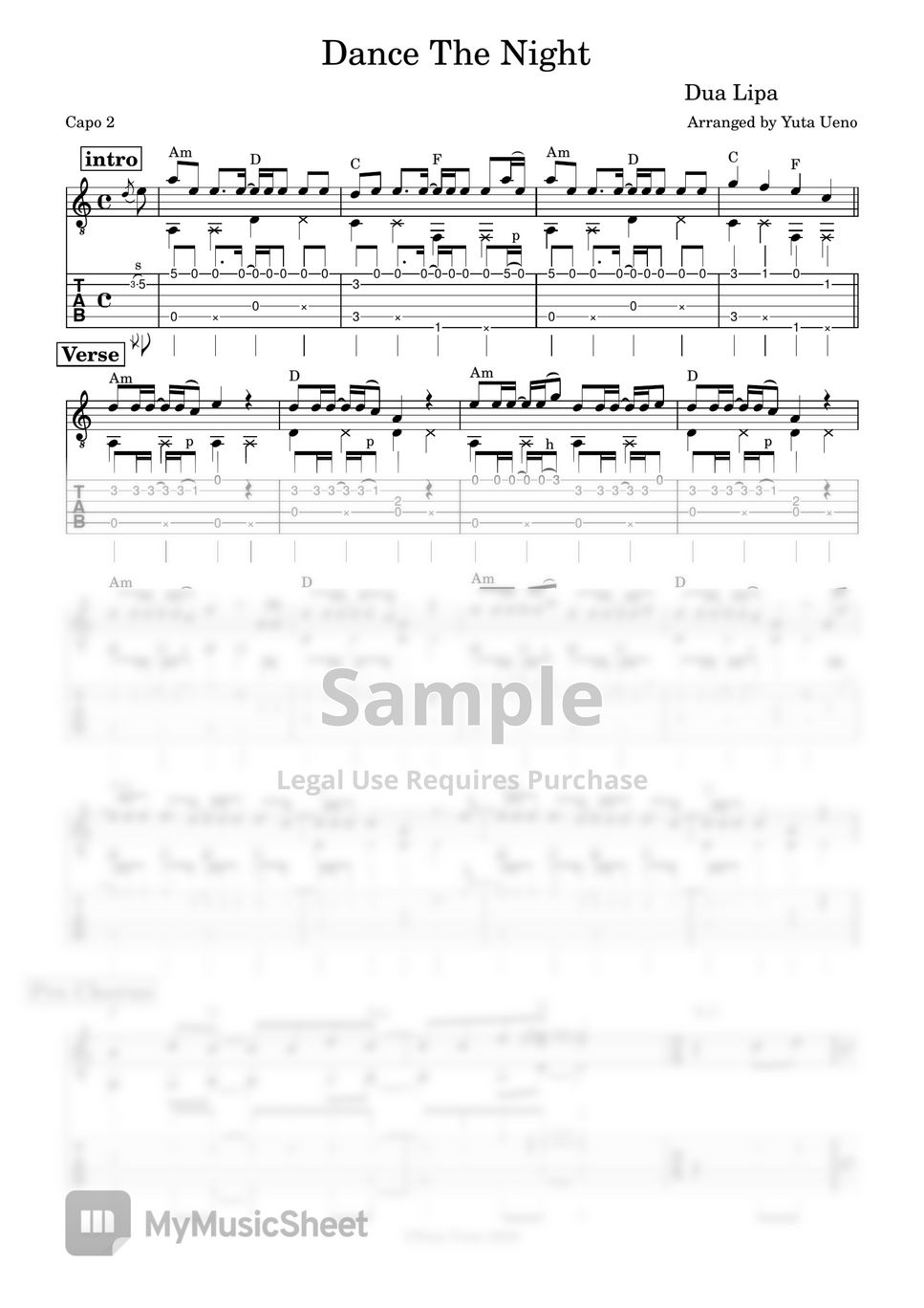 Dua Lipa - Dance The Night (Fingerstyle) Tab + lembaran musik pertama by Yuta Ueno