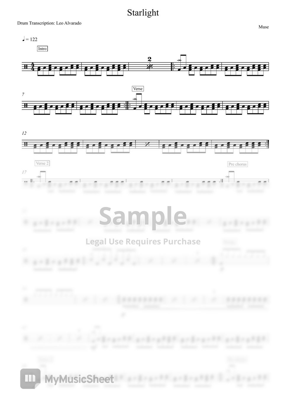 Muse - Starlight Sheet Music by Drum Transcription: Leo Alvarado