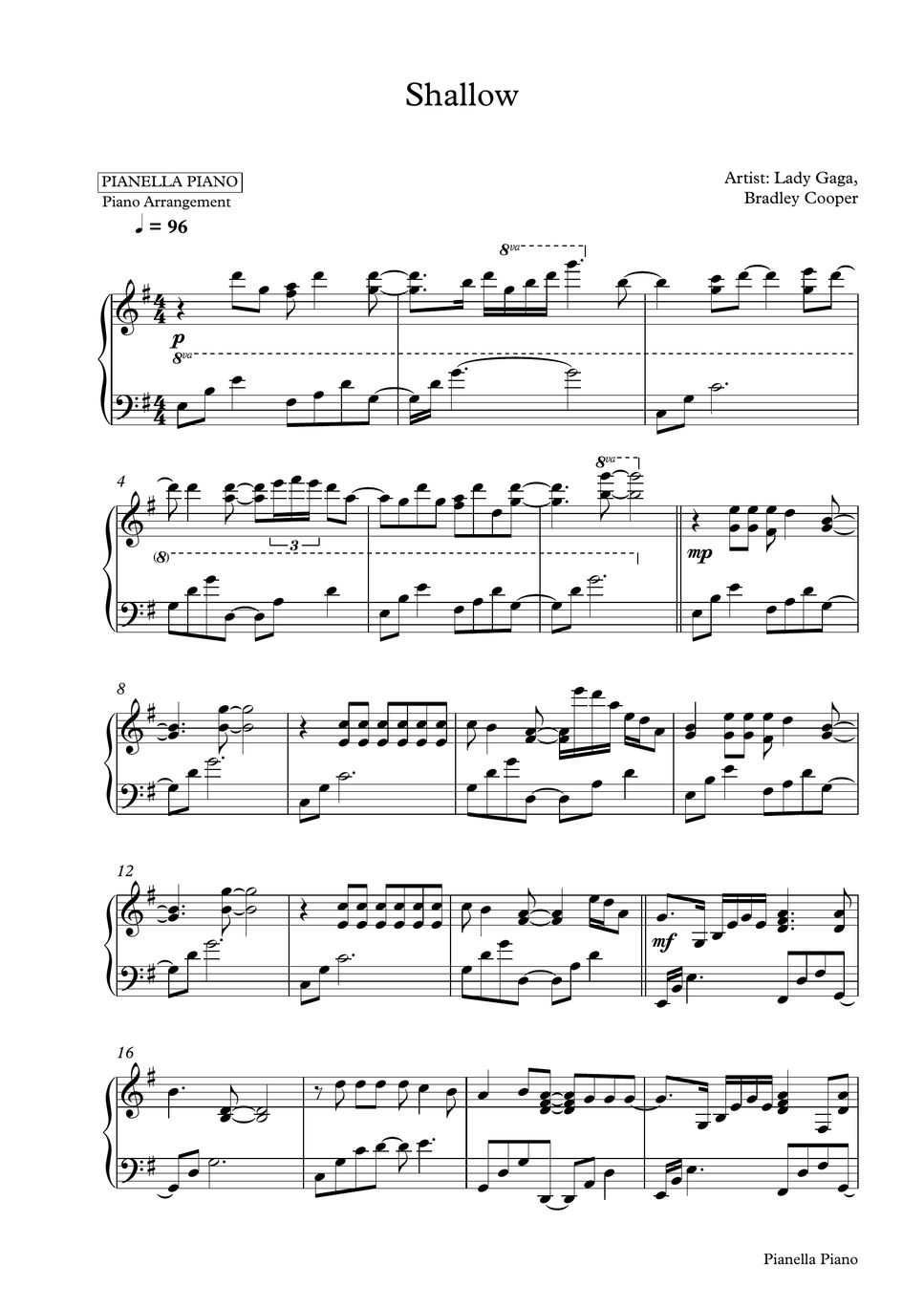 Lady Gaga, Bradley Cooper - Shallow (Piano Sheet) Sheet by Pianella Piano