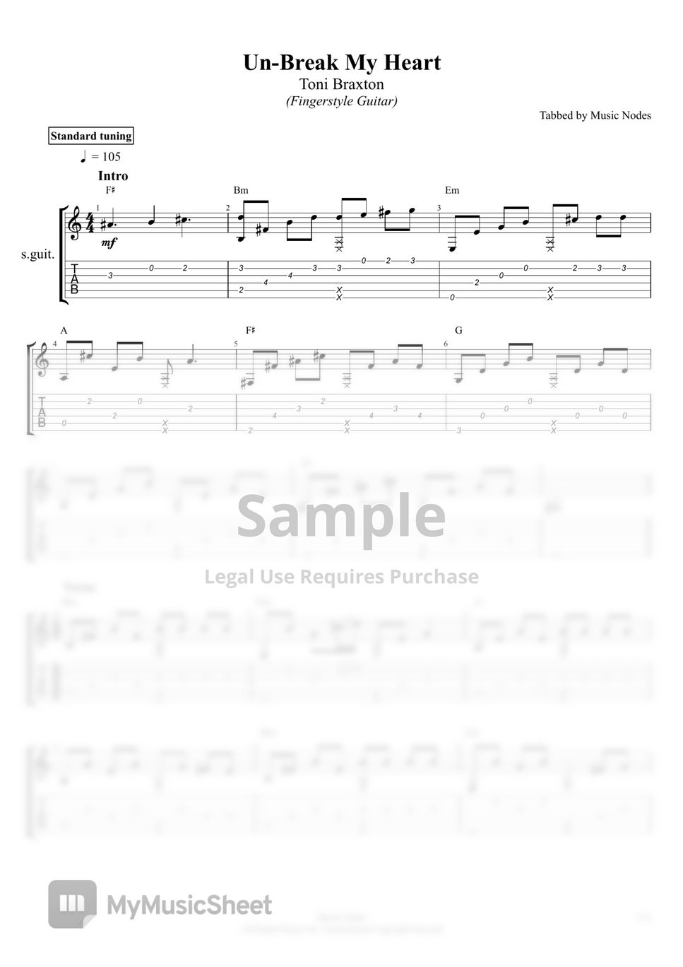 Toni Braxton - Un-Break My Heart (Fingerstyle Guitar) Tab + 1staff by Music Nodes