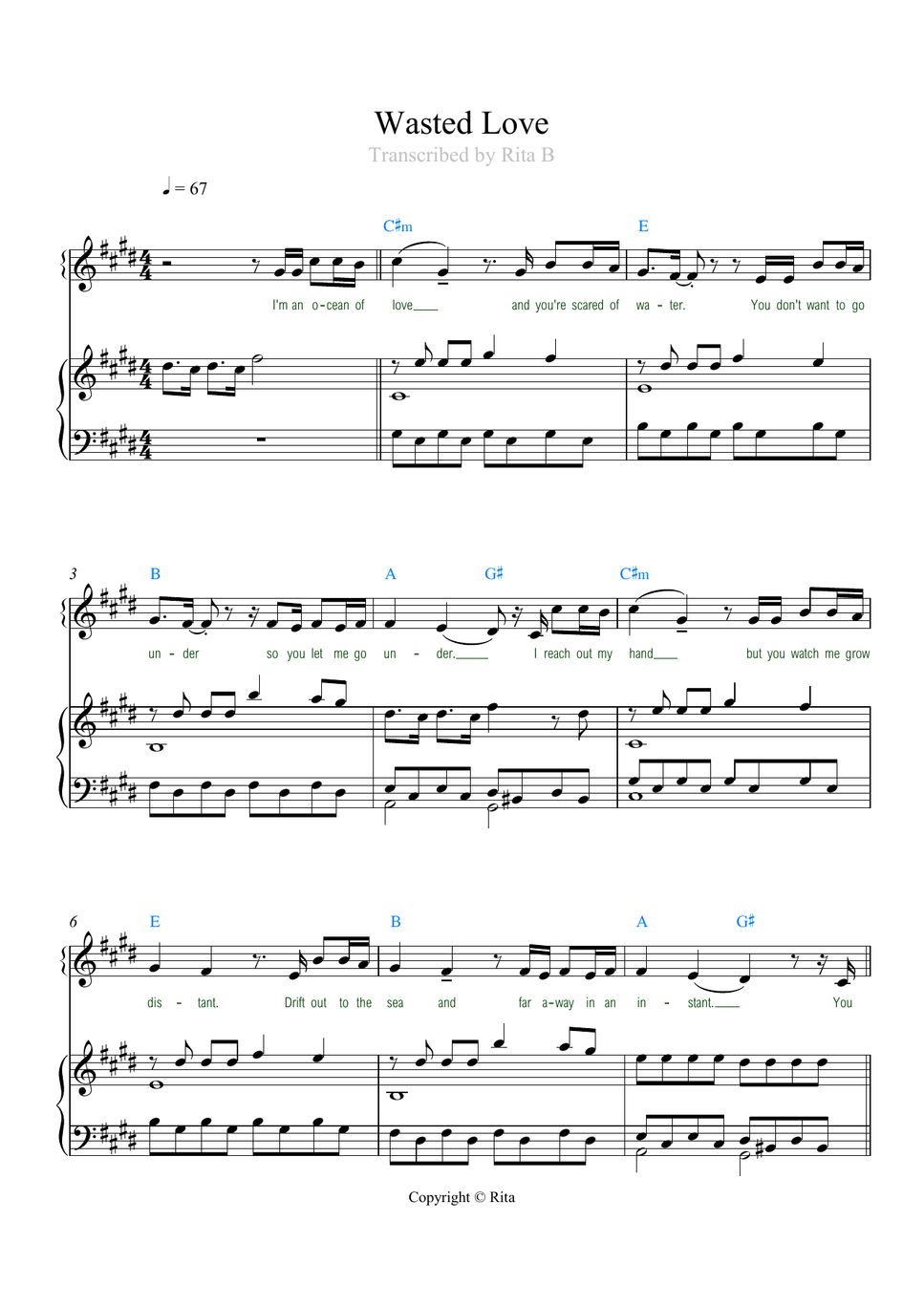 JJ - Wasted Love (Two files: duo and easy) Sheet Music by Rita B