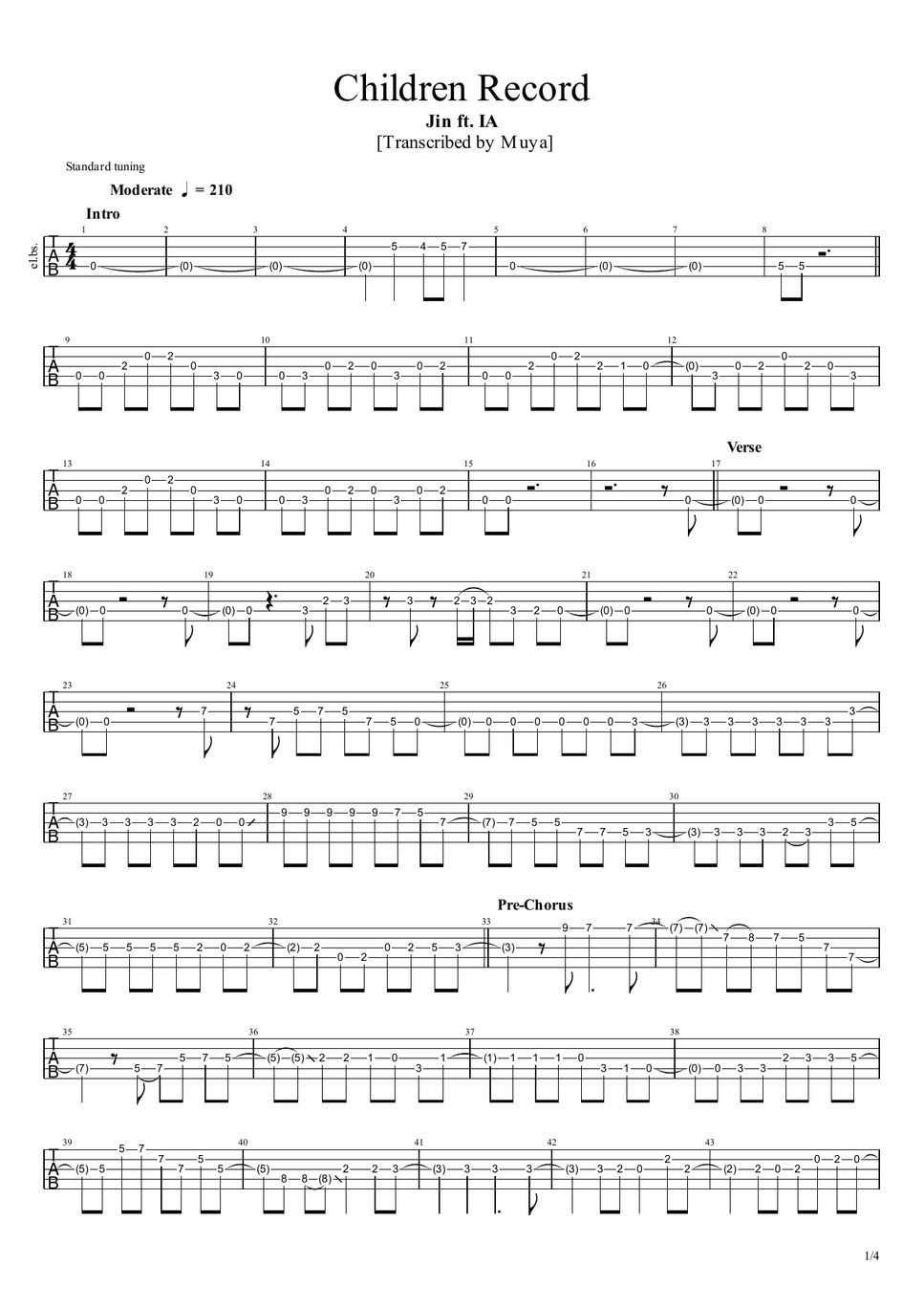 JIn - Children Record (Bass TAB) Sheet Music by Muya