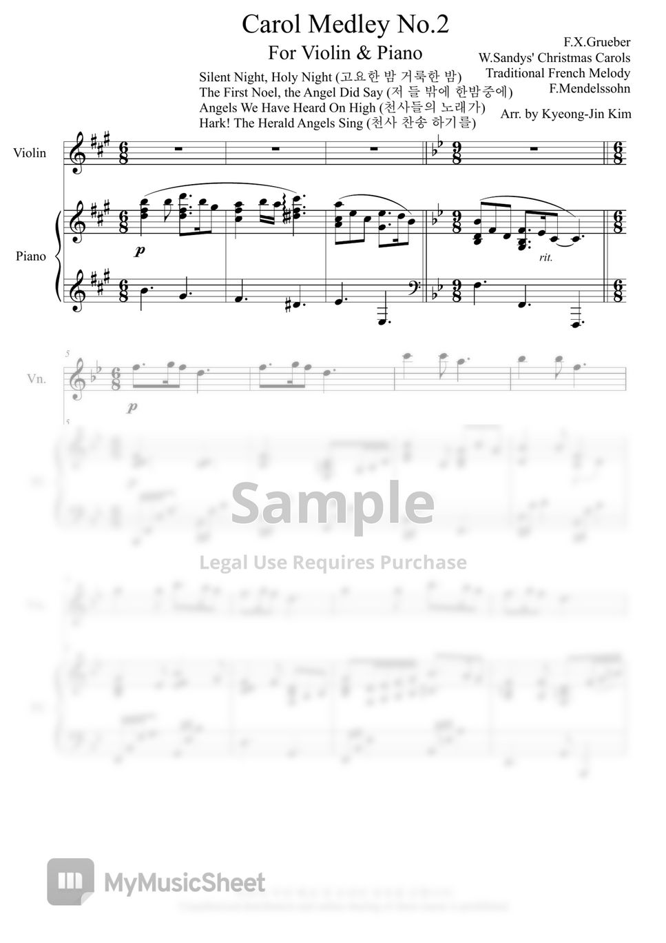 F Mendelssohn 바이올린 캐롤 메들리 No 2 고요한 밤 거룩한 밤 저 들 밖에 한밤중에 천사들의 노래가 천사