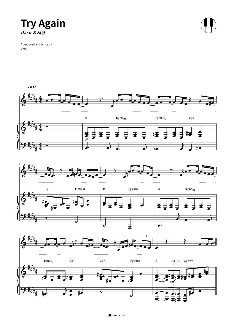 디어 & 재현 - Try Again (Piano/Vocal) แผ่น by KEYS OF LIFE