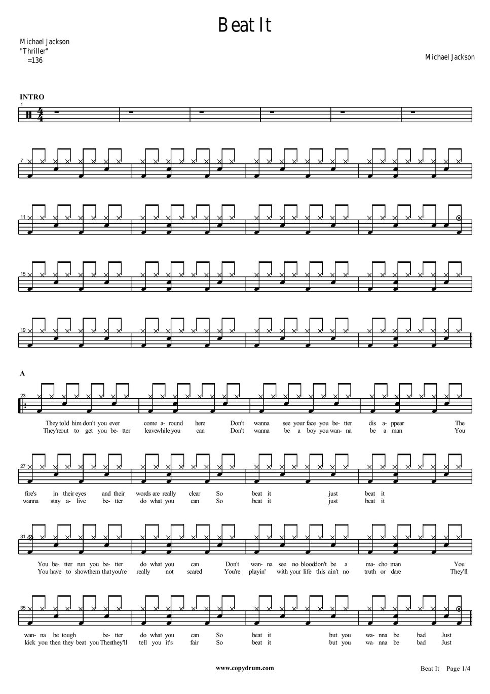 Michael Jackson - Beat It Sheet by COPYDRUM