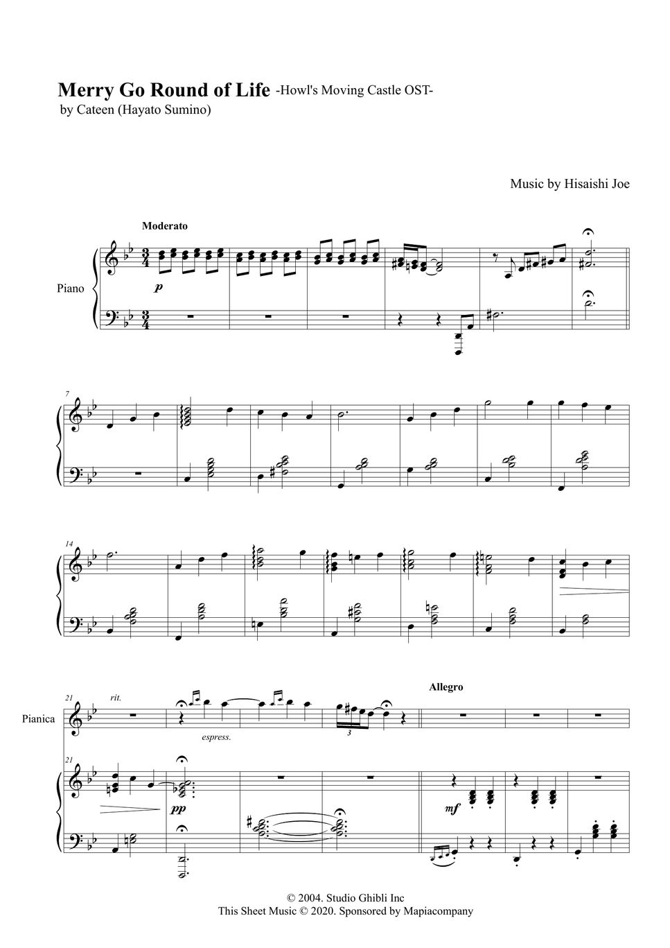 Joe Hisaishi Merry Go Round Of Life 曲谱 By Hayato Sumino Cateen