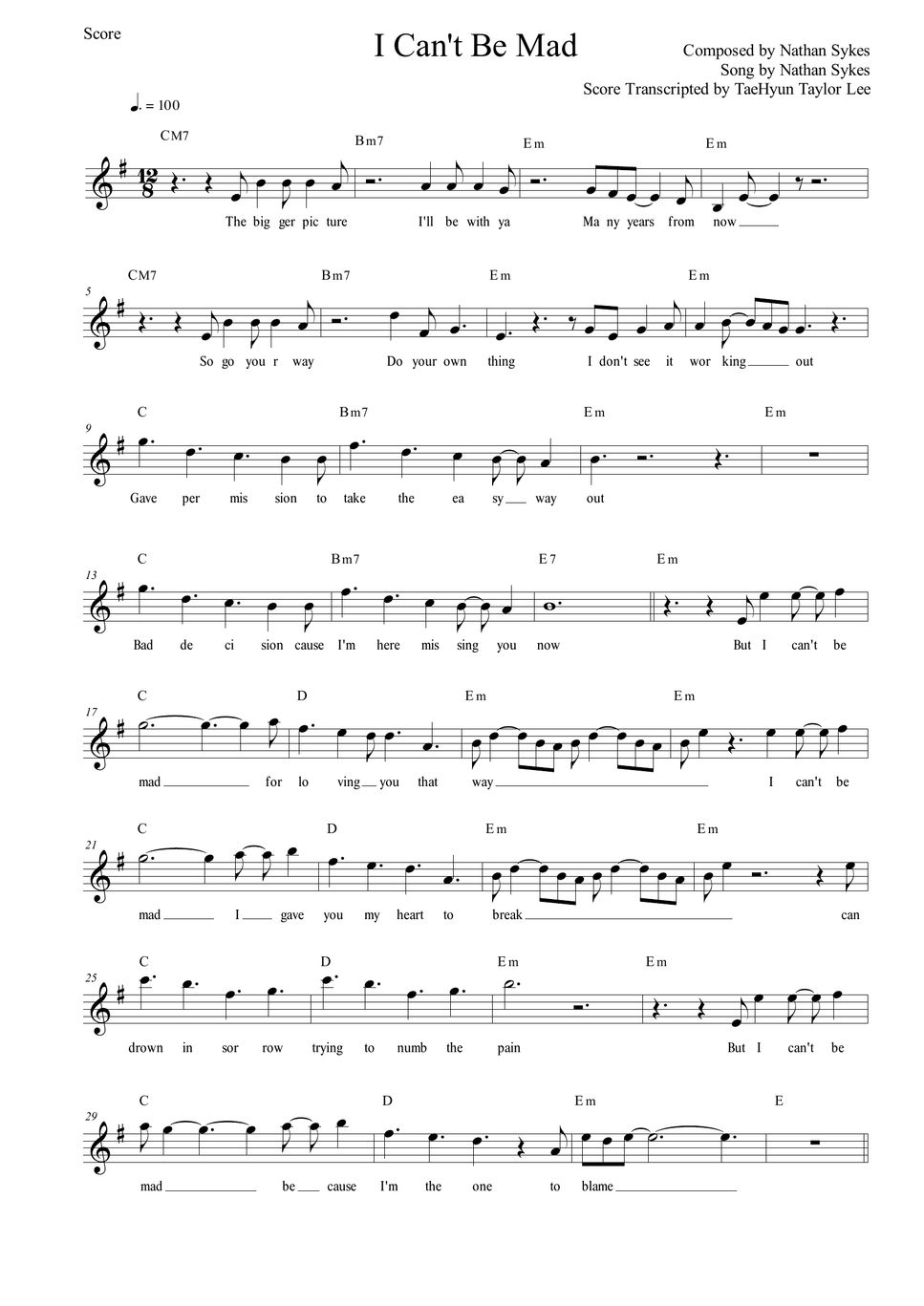 Nathan Sykes - I Can't Be Mad Sheets by TaeHyun Taylor Lee